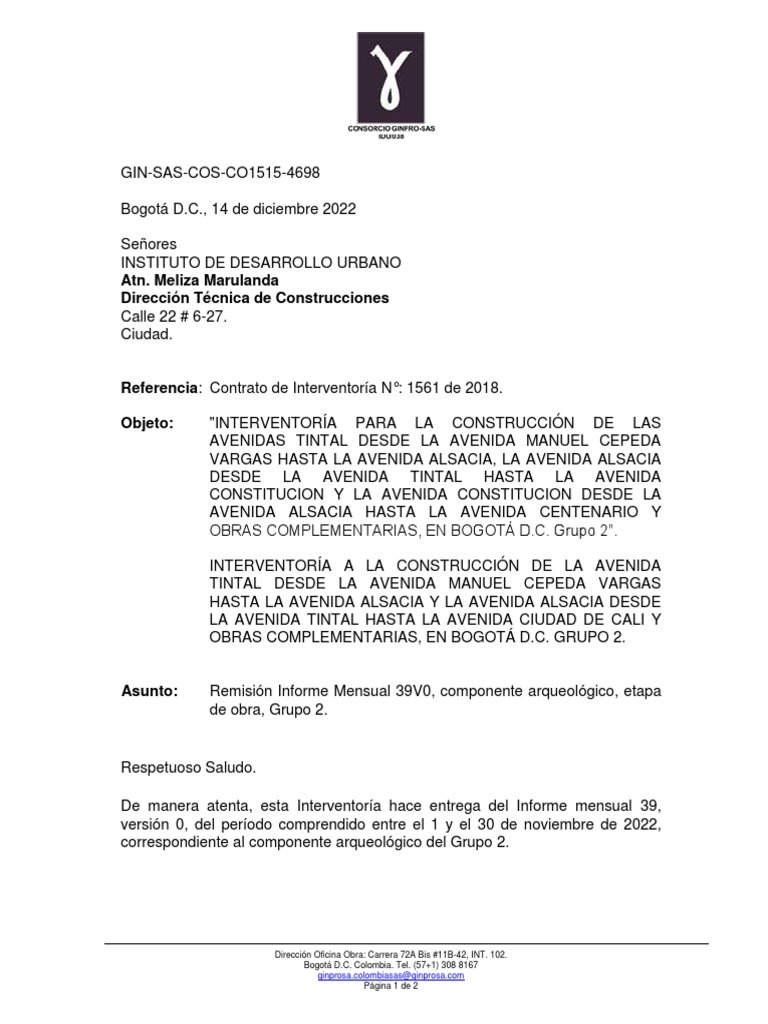 GIN-SAS-COS-CO1515 - 4698 Remisión IDU INFORME MES 39 | PDF