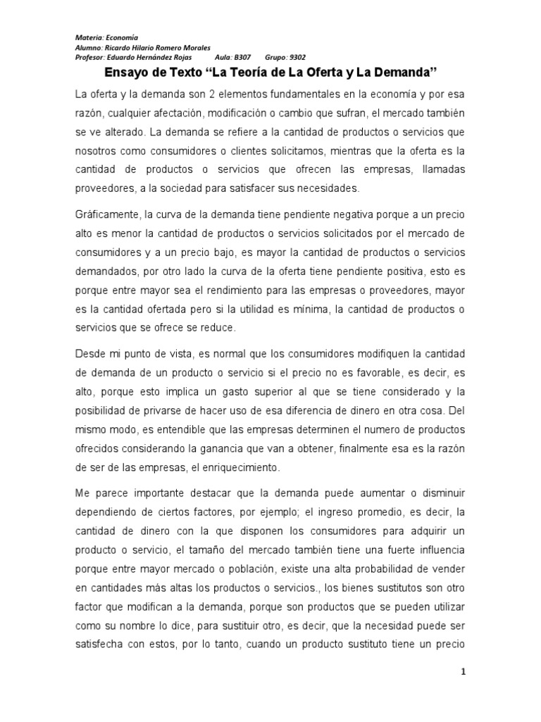 Ensayo de Texto "La Teoría de La Oferta y La Demanda" | PDF | Oferta (economía) | Oferta y demanda