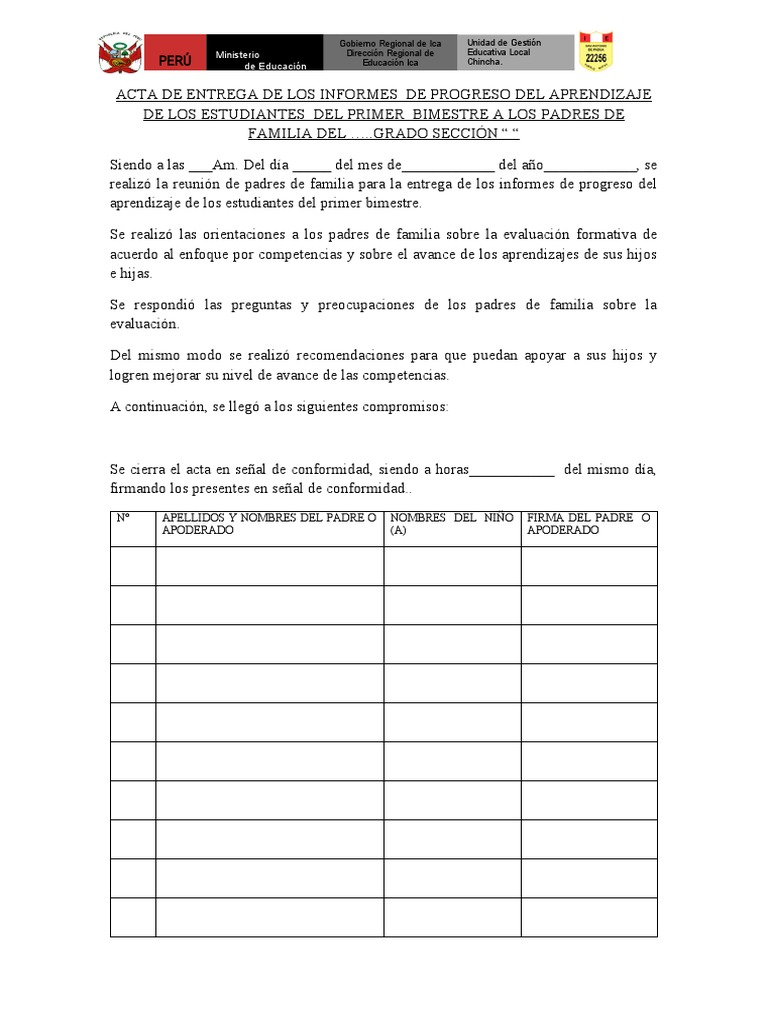 ACTA DE Entrega Del Informe de Progreso de Los Estudiantes | PDF