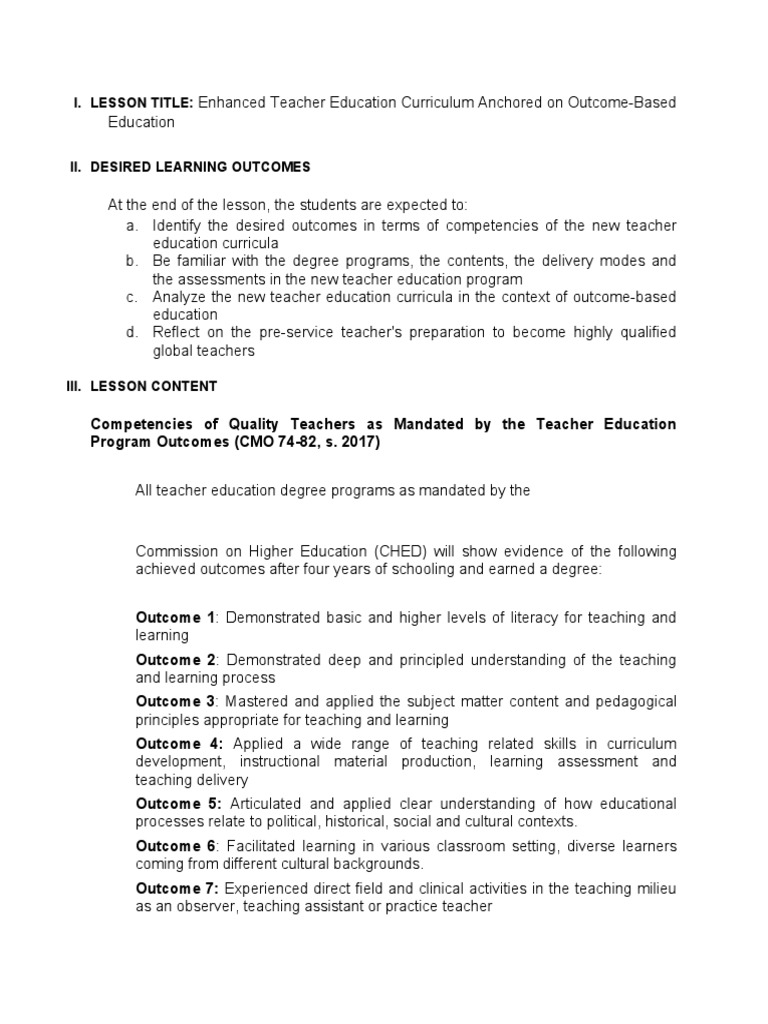 Enhanced Teacher Education Curriculum Anchored On Outcome Based ...