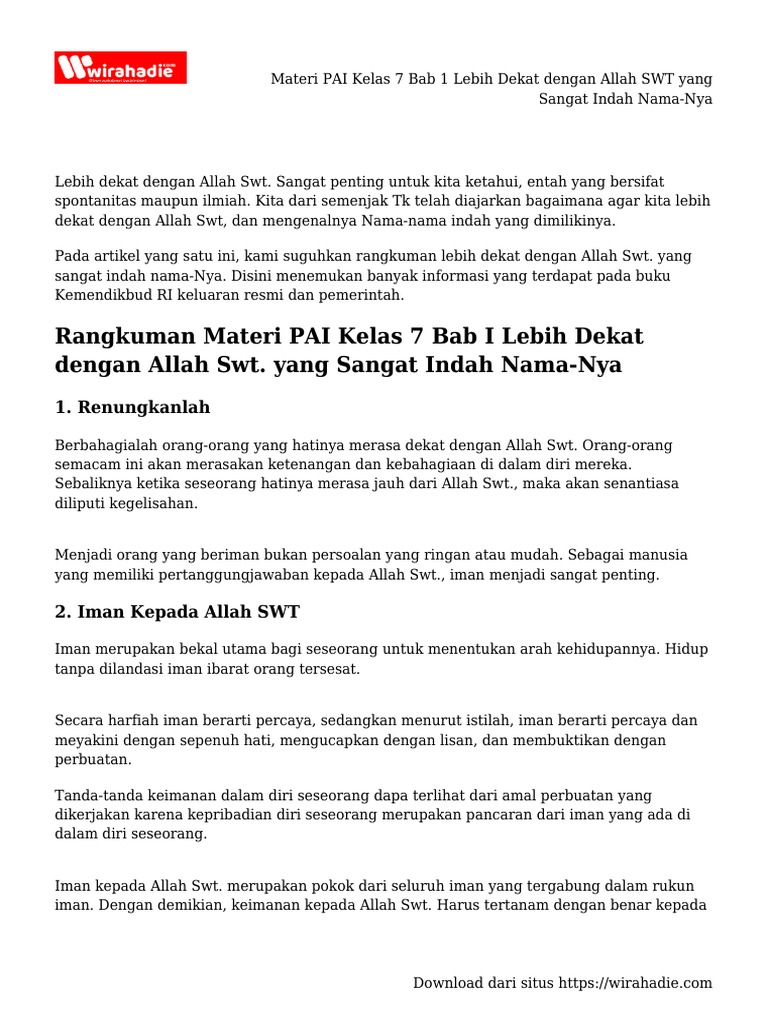 Materi PAI Kelas 7 Bab 1 Lebih Dekat Dengan Allah SWT Yang Sangat Indah Nama-Nya | PDF