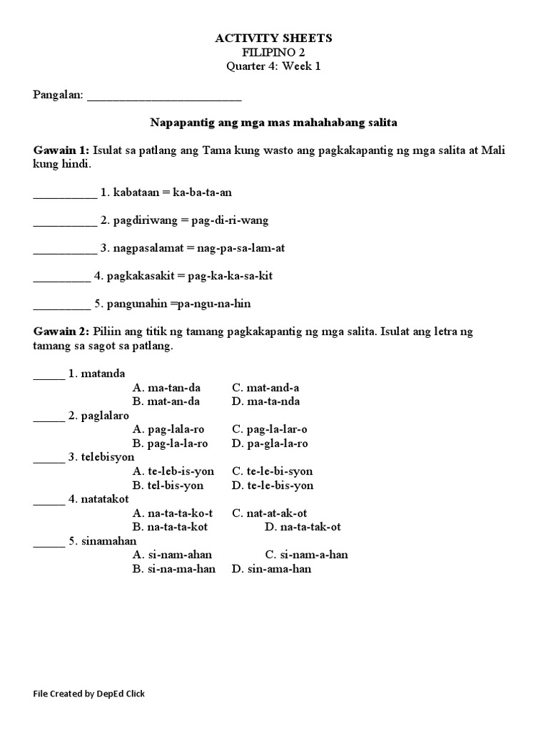 FILIPINO 2 Activity Sheet Q4 W1 | PDF