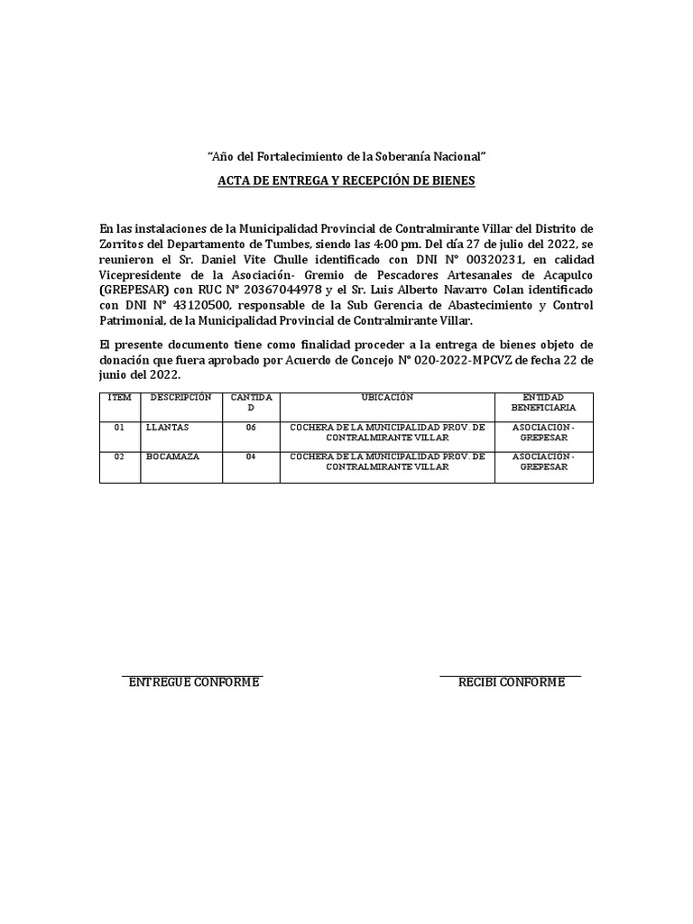 Acta de Entrega y Recepcion de Bienes | PDF