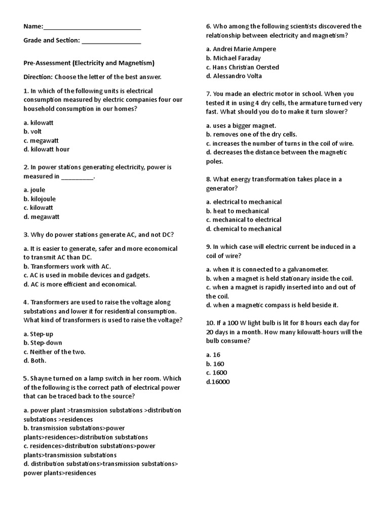 Electricity and Magnetism Pre-Assessment | PDF | Electricity ...