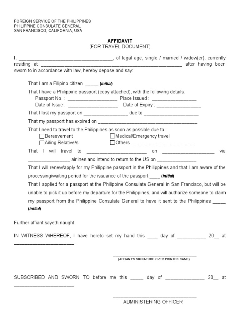 PCGSF Affidavit For Travel Document | PDF
