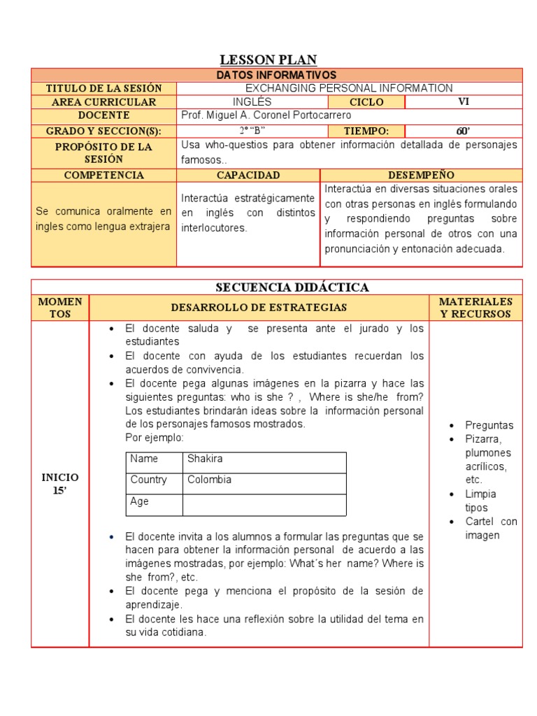 Lesson Plan Personal Information 2023 | Descargar gratis PDF ...