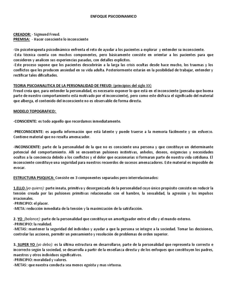 ENFOQUE PSICODINAMICO-Resumen | PDF | Psicoanálisis | Mente inconsciente