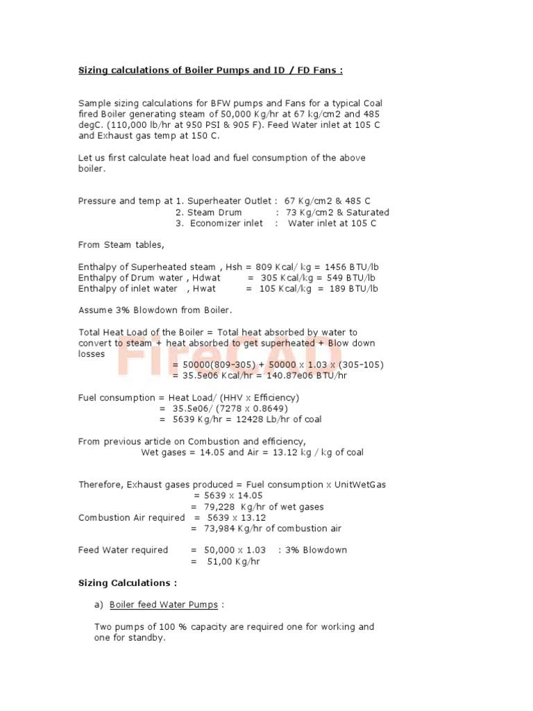 Boiler Pumps Fans Sizing Calculations | PDF | Boiler | Steam