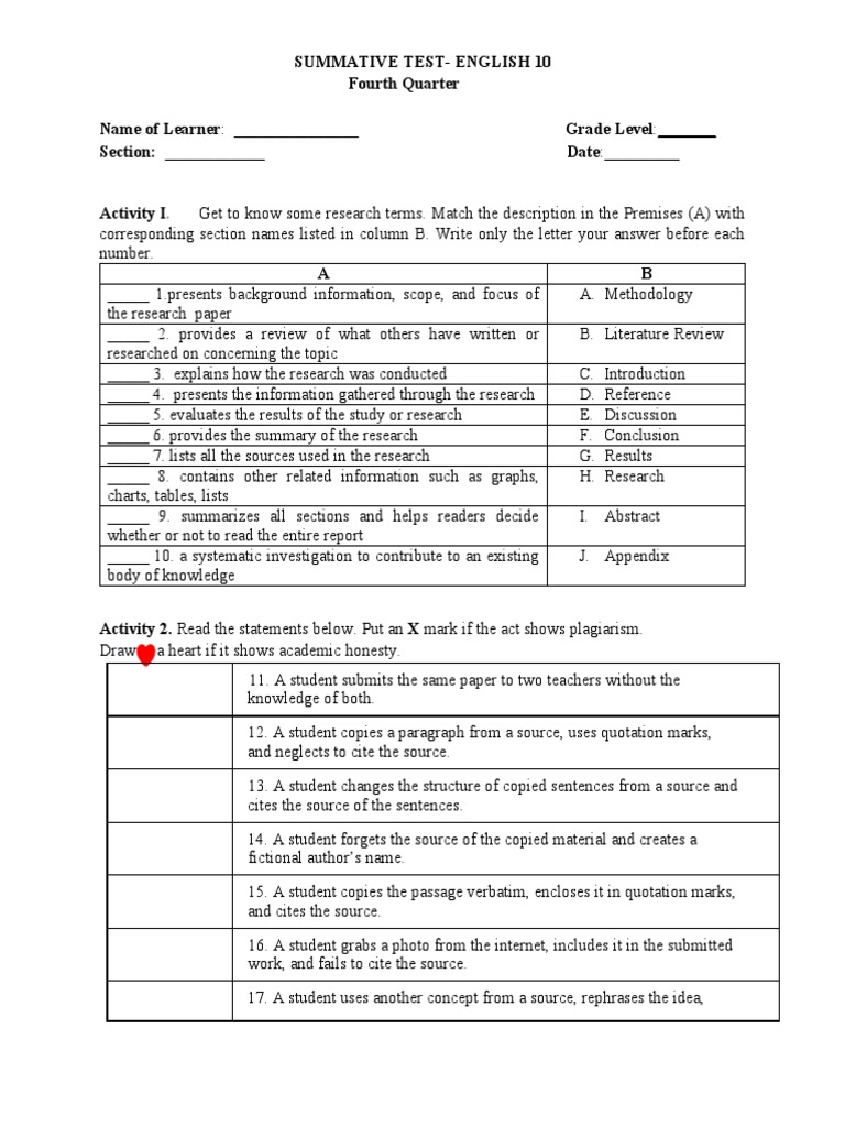 Grade 10 Fourth Quarter Summative Test | PDF | Narration | Methodology