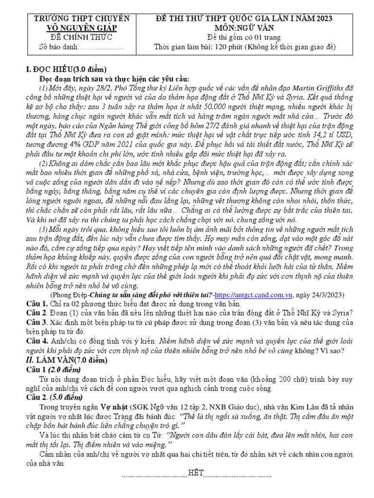 De Thi Thu THPT Quoc Gia 2023 Mon Van Chuyen Vo Nguyen Giap Lan 1 | PDF