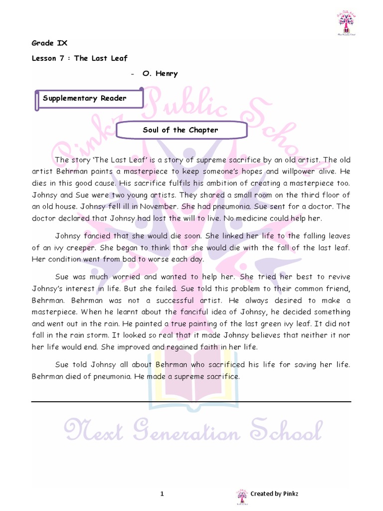 Lesson 7 Supplementary Reader The Last Leaf | PDF | Superstitions | Adolescence
