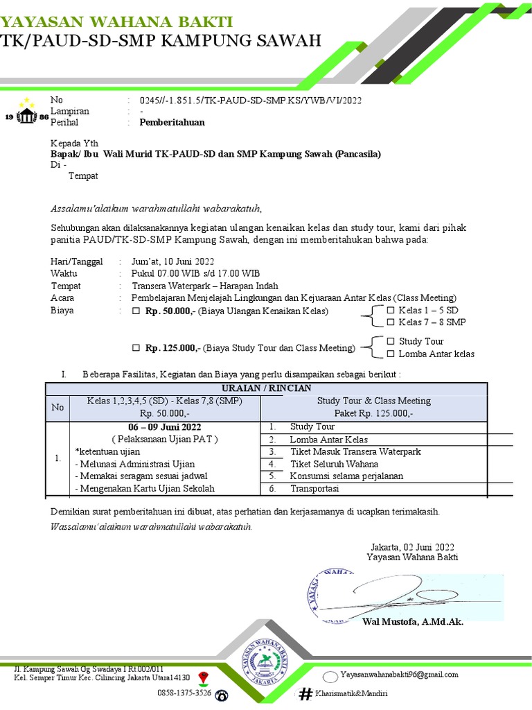 Edaran Ujian Dan Study Tour 2022 | PDF