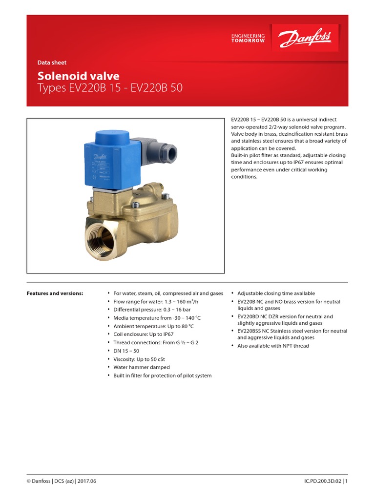 Datasheet Danfoss EV220B 15 50 Solenoid Valve | PDF