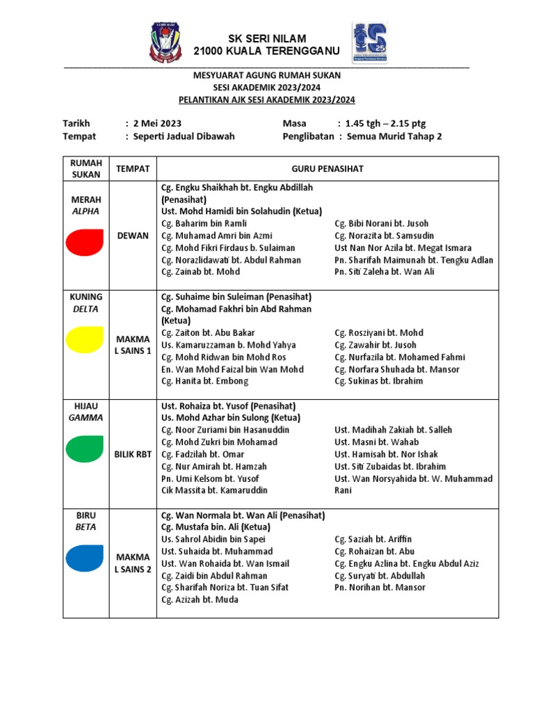 JADUAL TEMPAT PERJUMPAAN RUMAH SUKAN 2023_2024 | PDF