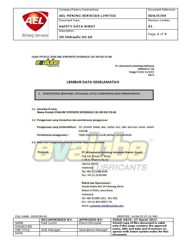 SDS Oli Hidraulic VG68 - Update 2022 | PDF | Filename | Computing