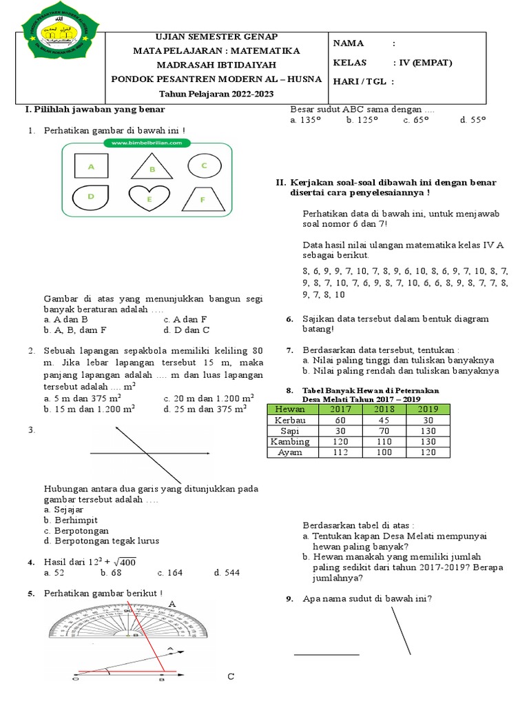 SOAL MTK Kelas 4 Sem 2 TP 2022-2023 | PDF