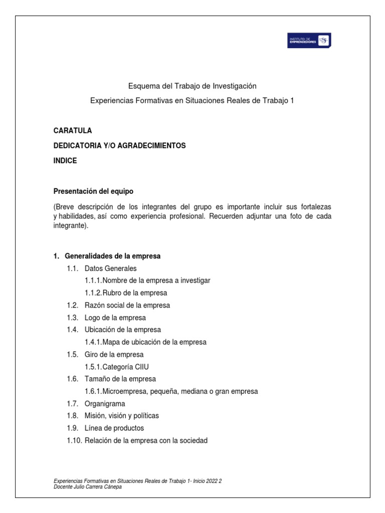 Esquema Del Trabajo de Investigación EFSRT 1 - 2022 2C | PDF
