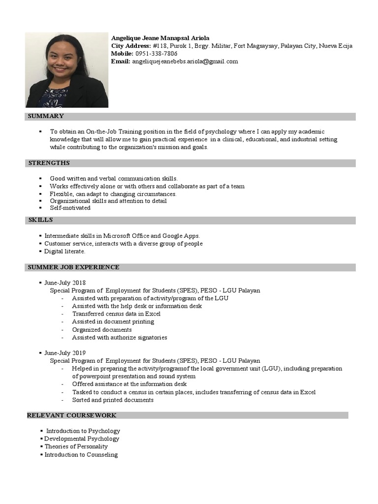 ANGELIQUE ARIOLA-OJT RESUME | PDF | Psychology | Cognition