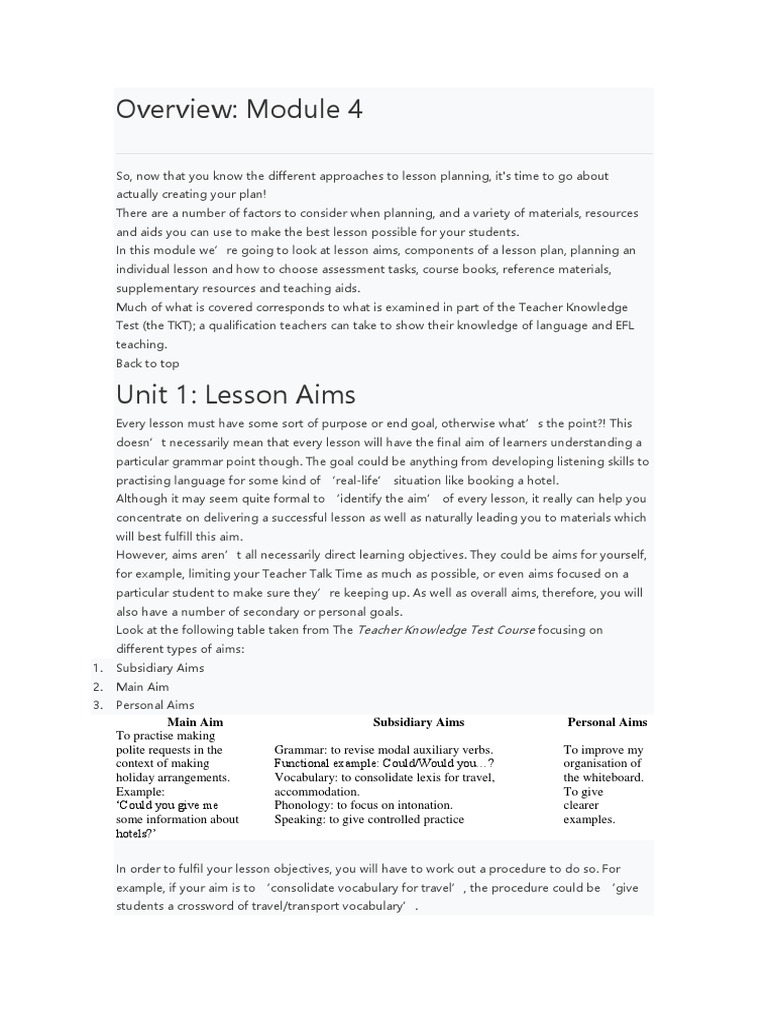 Overview: Module 4: Main Aim Subsidiary Aims Personal Aims | PDF ...