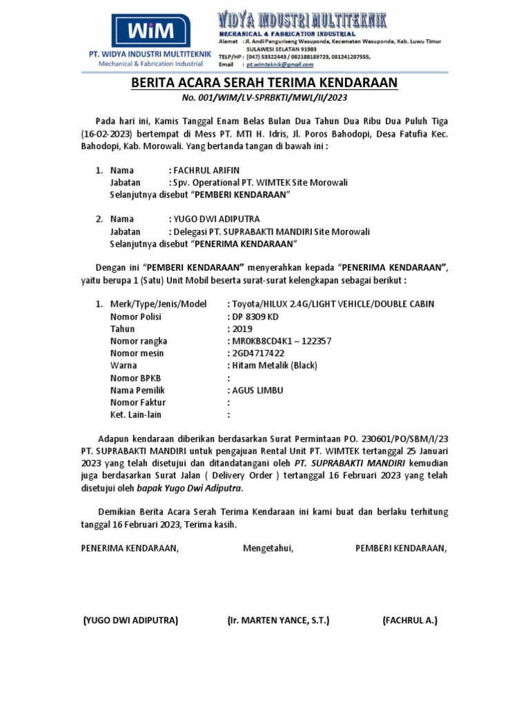 BERITA ACARA RENT MOBIL | PDF