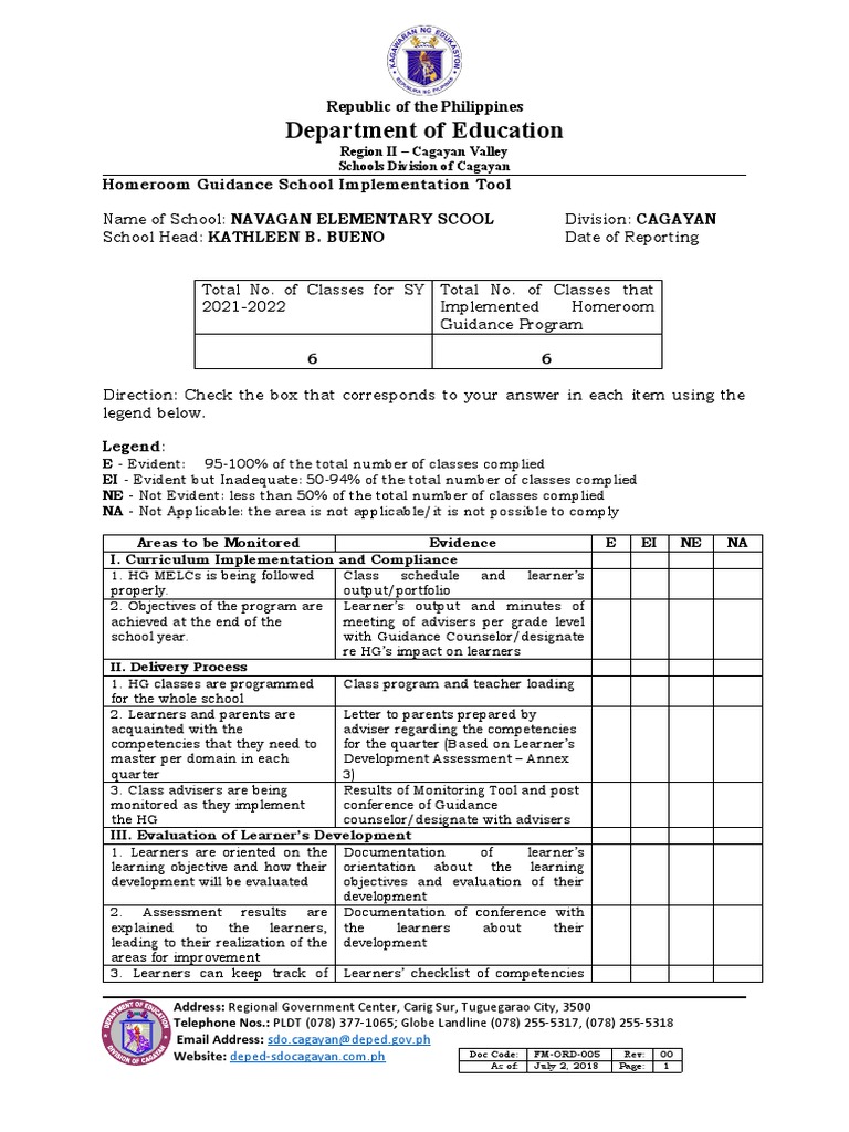 SCHOOL HOMEROOM GUIDANCE IMPLEMENTATION TOOL 2021-2022 | PDF