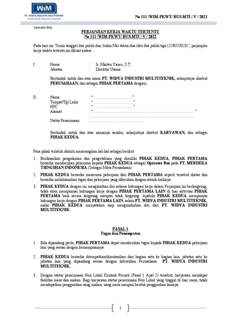 Perjanjian Kerja Operator Bus 2023 | PDF | Pengelolaan Keuangan & Uang