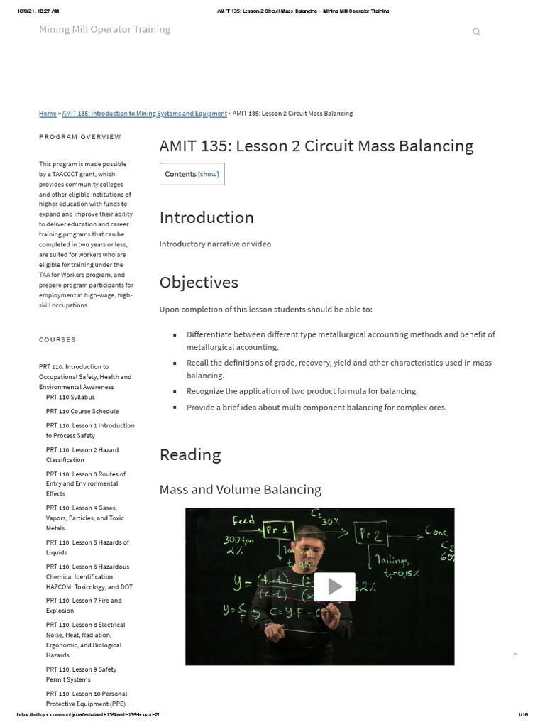 AMIT 135 - Lesson 2 Circuit Mass Balancing - Mining Mill Operator Training | PDF