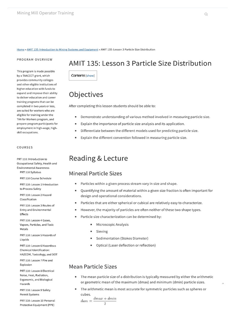 AMIT 135 - Lesson 3 Particle Size Distribution - Mining Mill Operator Training | PDF