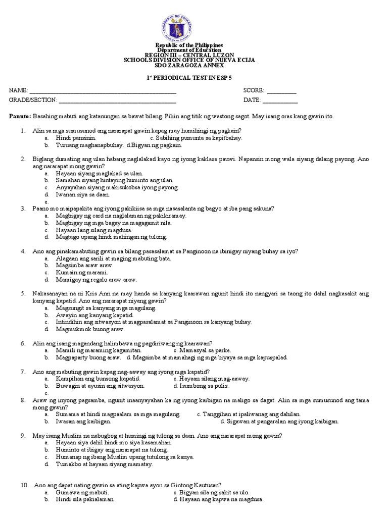 1ST PT IN ESP-GRADE 5 | PDF