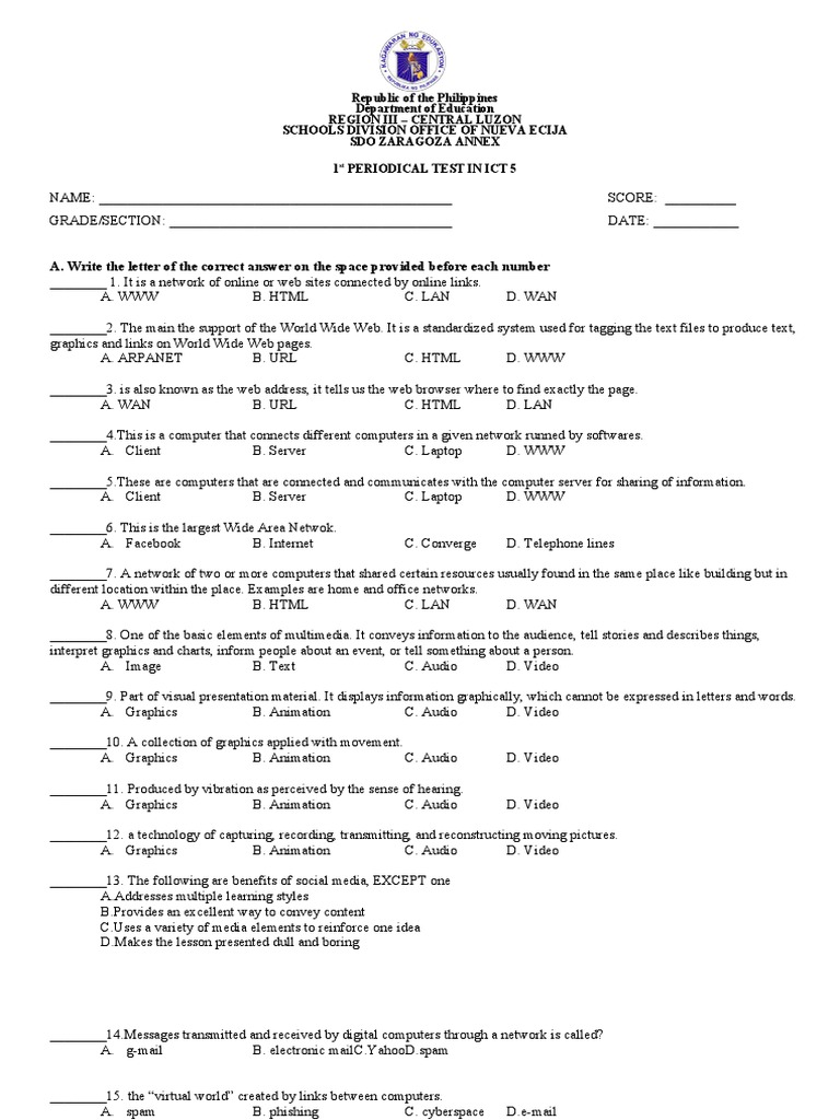 Grade 5 ICT 1st Periodical Test | PDF | World Wide Web | Internet & Web