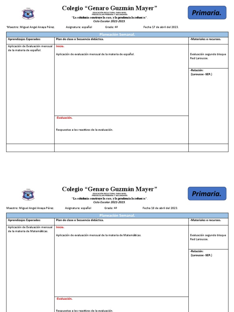 Planeacion Cuarto Grado Semana 27 22 - 23 | PDF | Educación primaria ...