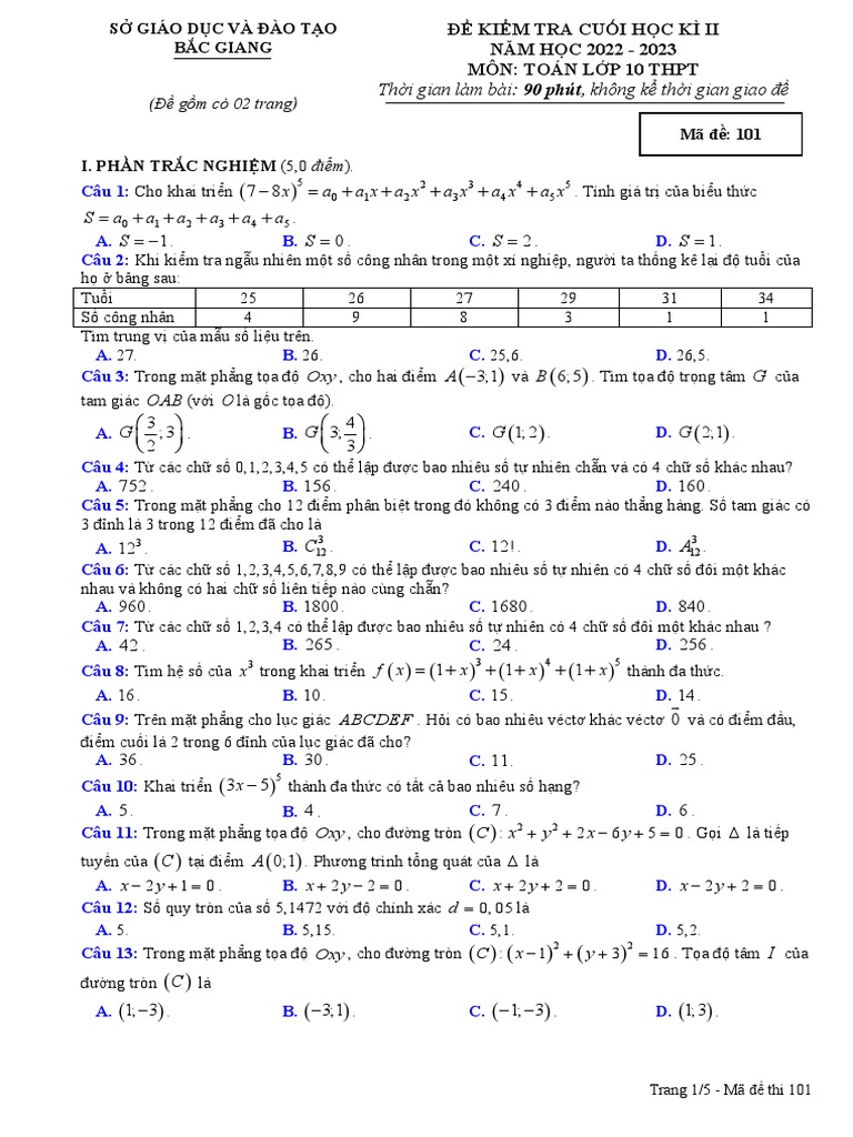 De Cuoi Hoc Ki 2 Toan 10 Nam 2022 2023 So GDDT Bac Giang | PDF