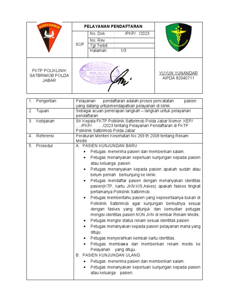 01 Sop Pendaftaran Klinik | PDF
