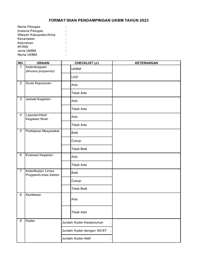 Instrumen - Checklist Pendampingan Ukbm Tahun 2023 | PDF