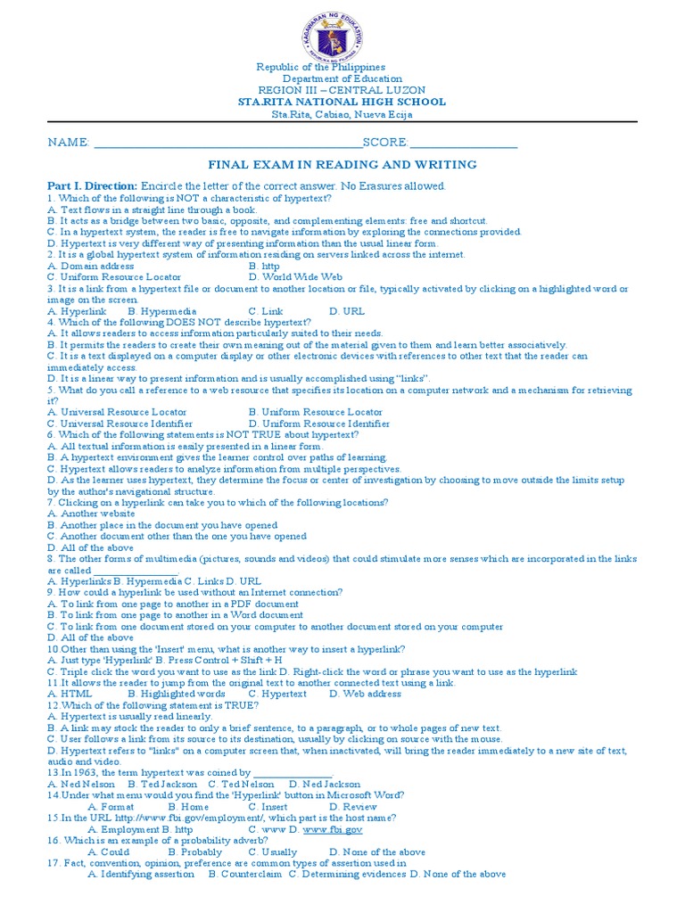 FINAL EXAM READING AND WRITING | PDF