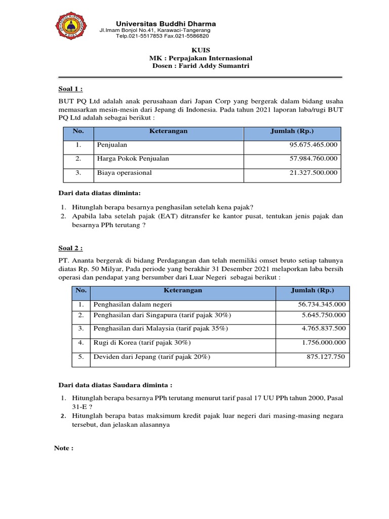 Kuis Pajak Internasional | PDF | Pengelolaan Keuangan & Uang