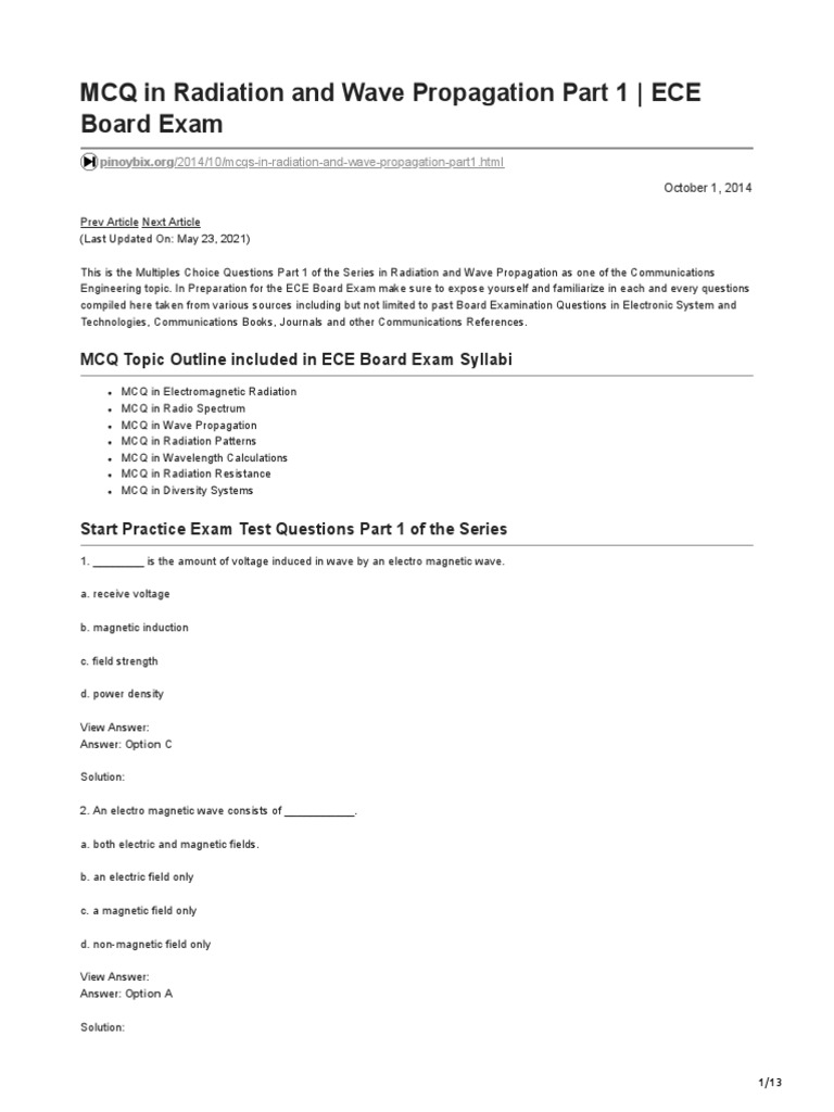 MCQ in Radiation and Wave Propagation Part 1 ECE Board Exam | PDF