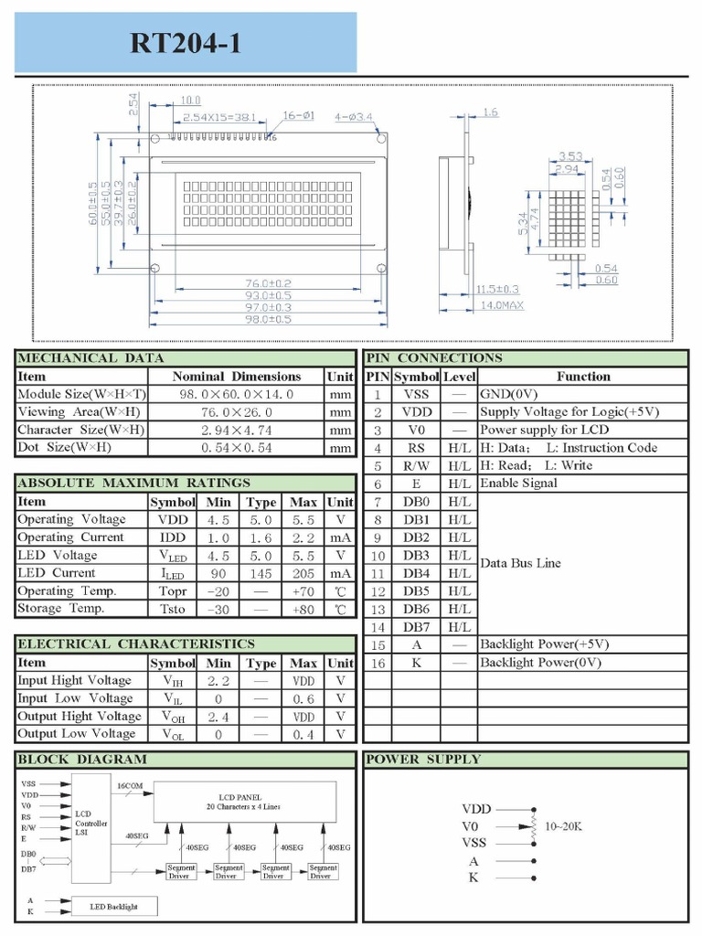 Display - Datasheet - Display - 20x4 | PDF