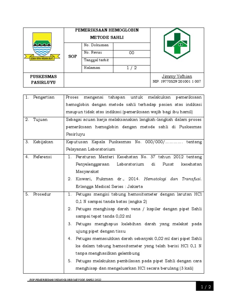 8.1.1.1 Sop Pemeriksaan Hemoglobin Metode Sahli | PDF