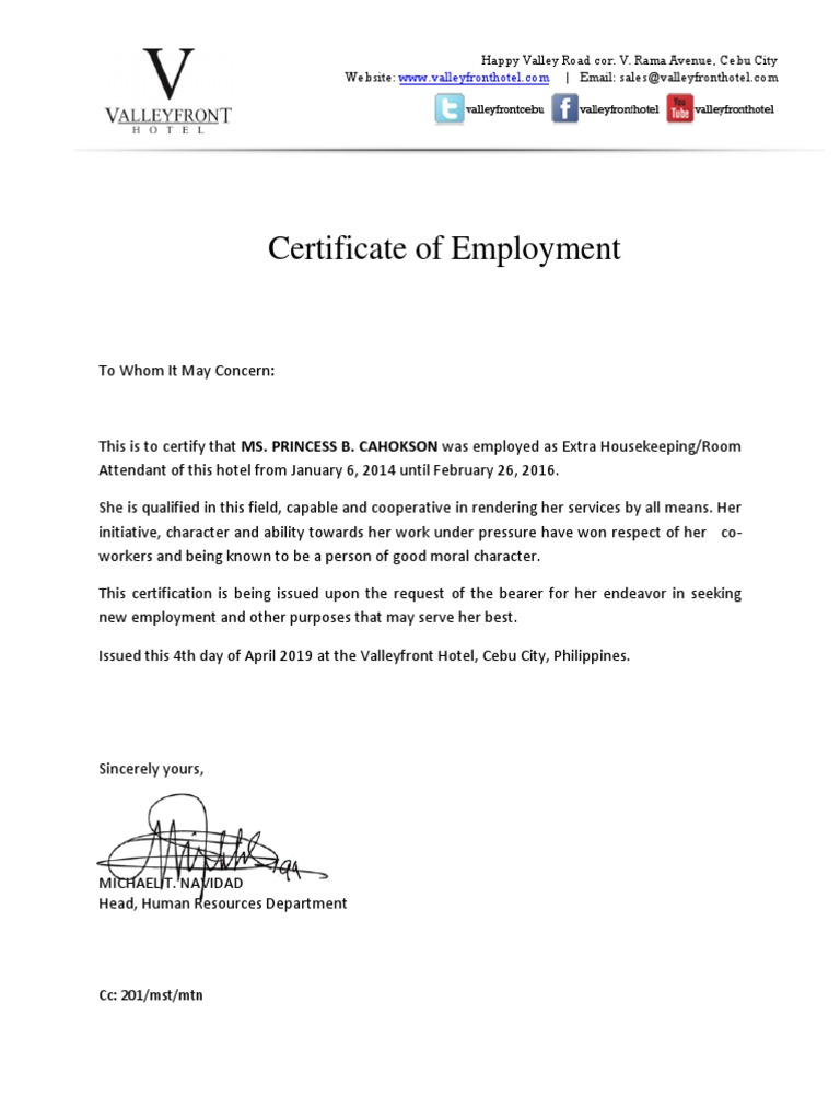 Certificate of Employment - Princess B. Cahokson | PDF