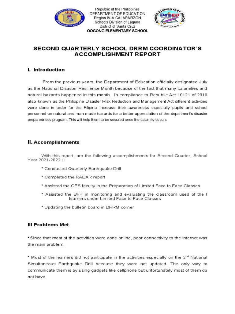 Accomplishment Report in DRRM First Quarter | PDF