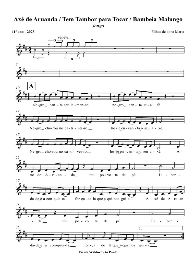 11º ano Axé de Aruanda Tem Tambor para Tocar Bambeia Malungo - Partitura completa | PDF