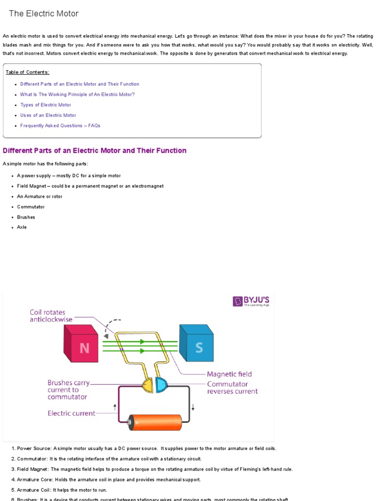 Parts and Functions of Electric Motors | PDF | Electric Motor ...