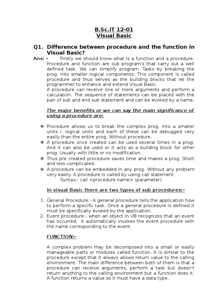 B.SC - IT 12-01 Visual Basic Q1. Difference Between Procedure and The Function in Visual Basic ...