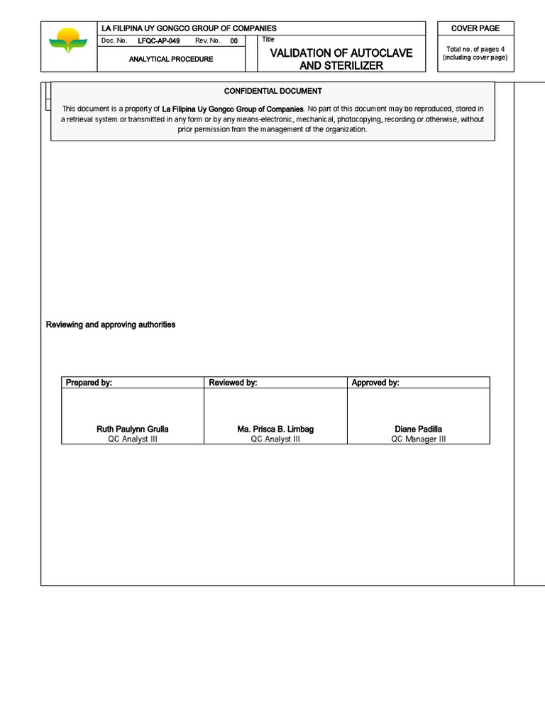 LFQC AP 043 Rev 00 Validation of Autoclave and Sterilizer Draft ...