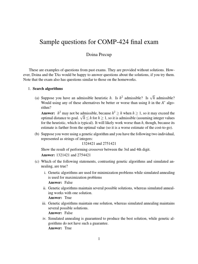 Sample Questions Answers | PDF | Genetic Algorithm | Mathematical ...