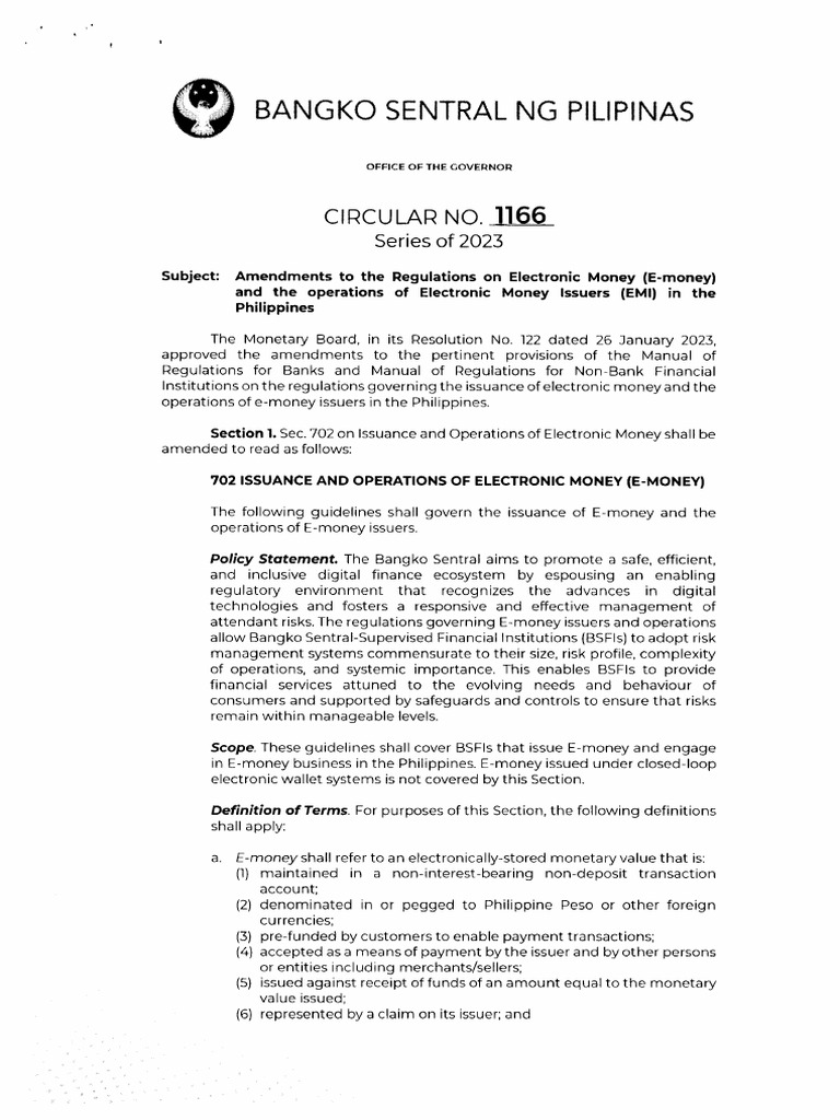 BSP Circular No. 1166 S. 2023 | PDF | Stored Value Card | Cash