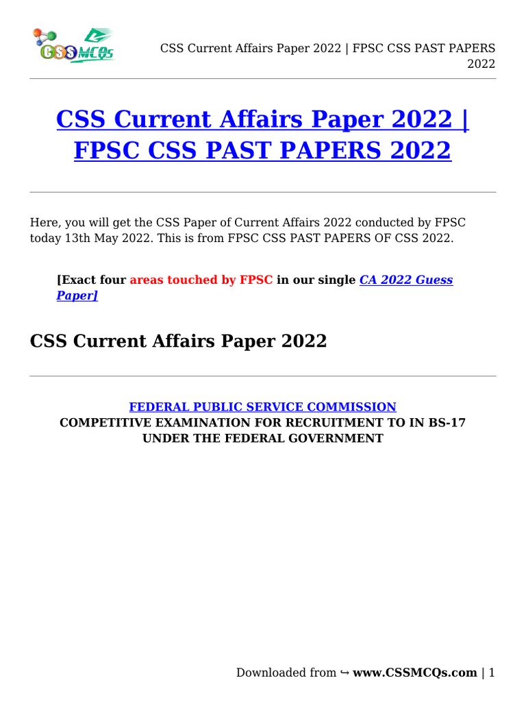 Css Current Affairs Paper 2022 - FPSC Css Past Papers 2022 | PDF ...