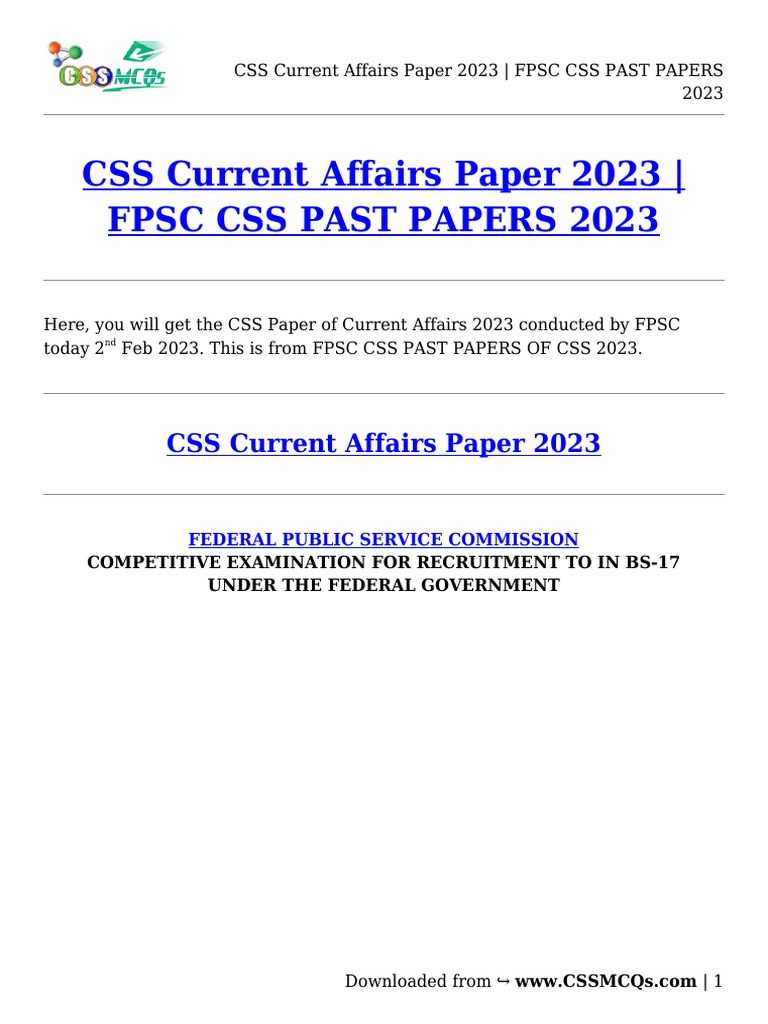 Css Current Affairs Paper 2023 - FPSC Css Past Papers 2023 | PDF ...