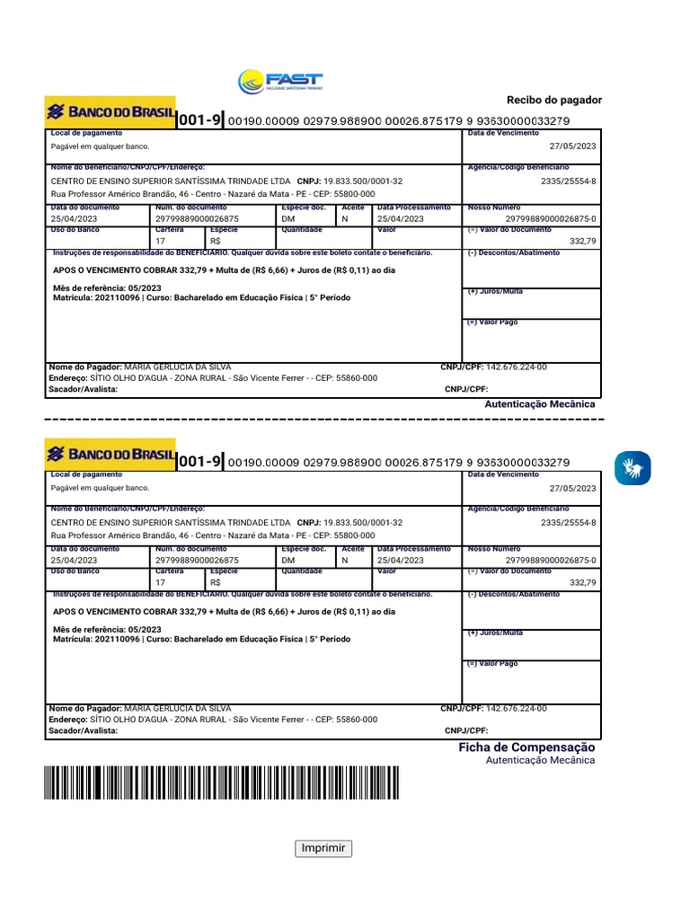 Faculdade Santíssima Trindade - Boleto Bancï¿ Rio | PDF